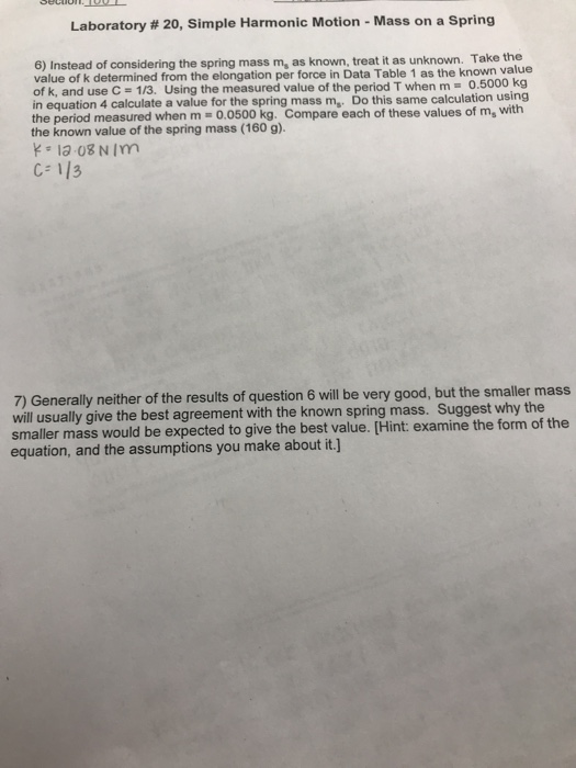 Laboratory # 20, Simple Harmonic Motion-Mass on a | Chegg.com