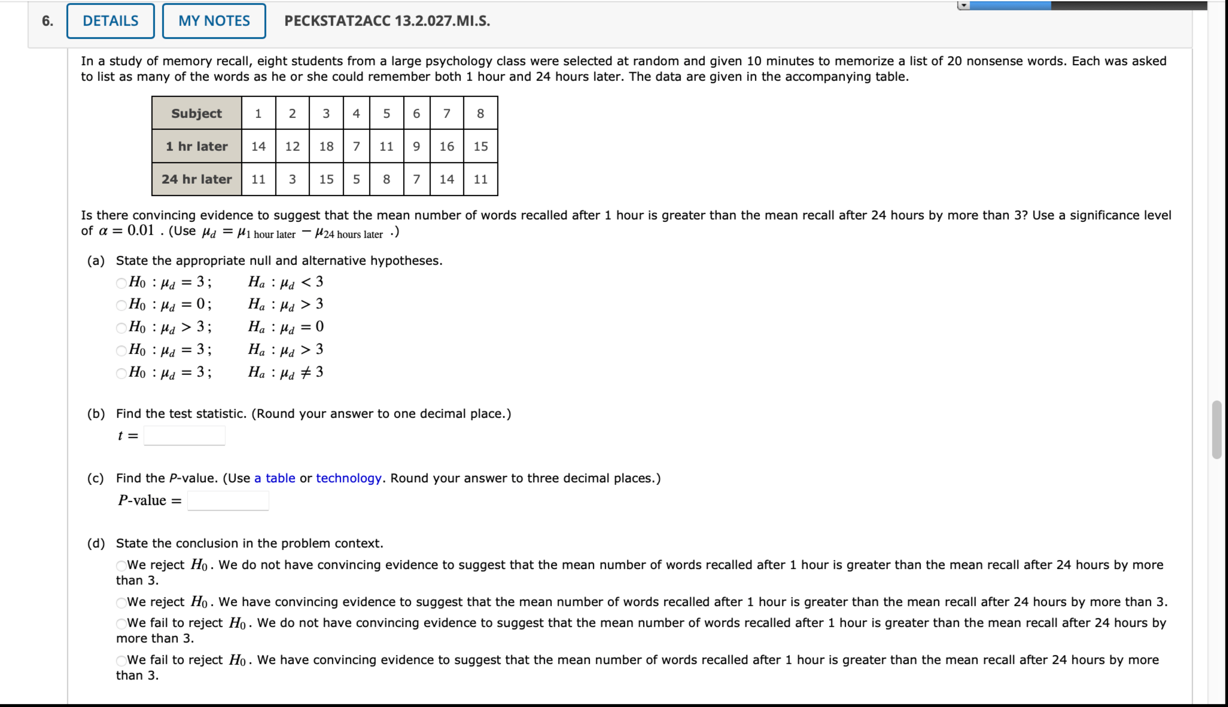 Solved In a study of memory recall, eight students from a | Chegg.com