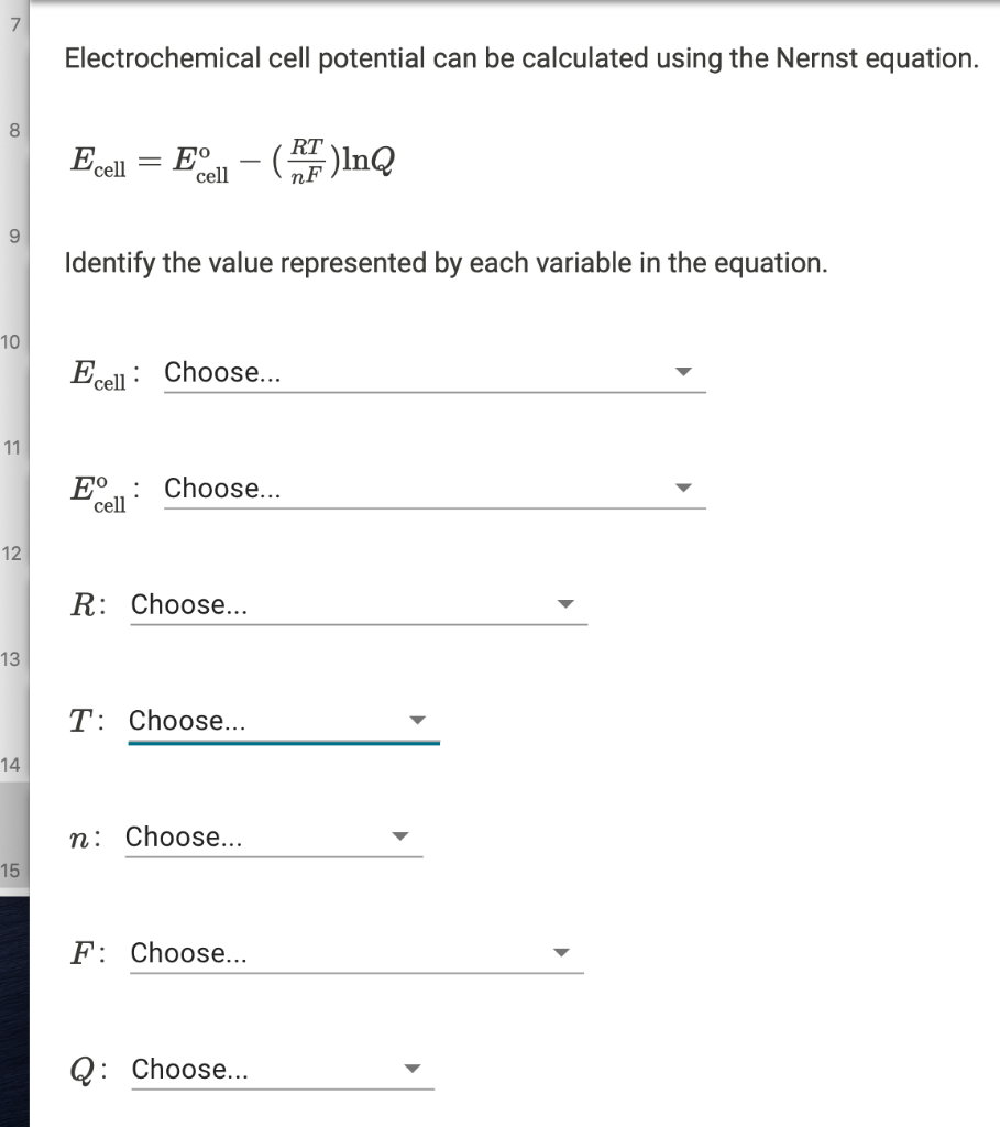 Solved 7 Electrochemical cell potential can be calculated | Chegg.com