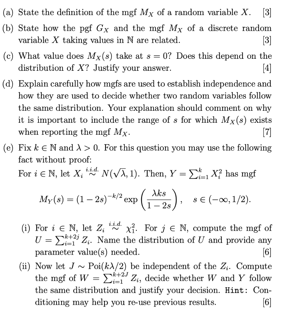 Solved (a) State the definition of the mgf My of a random | Chegg.com