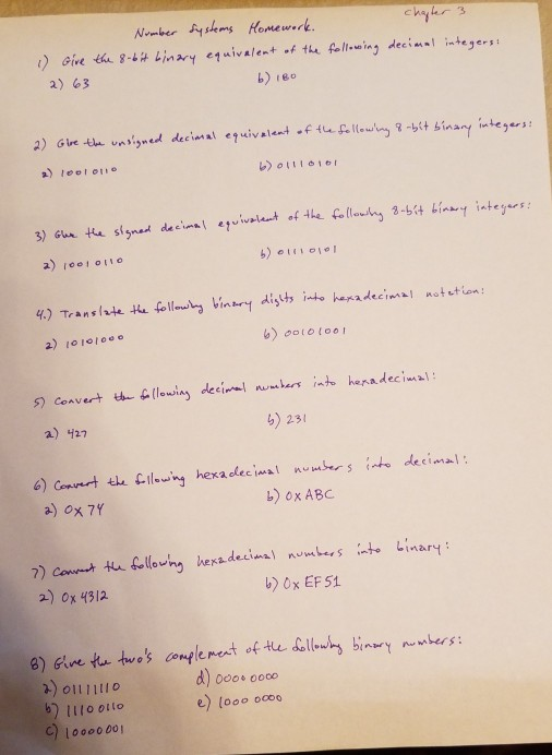 Solved Number systems Homework. chater 3 1) Give the 8-bit | Chegg.com