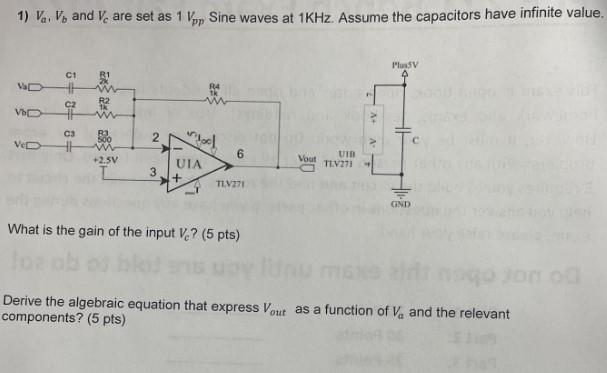 Solved 1) Va,Vb and Vc are set as 1Vpp Sine waves at 1KHz. | Chegg.com