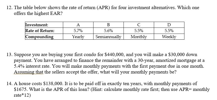Solved 12. The table below shows the rate of return (APR) | Chegg.com