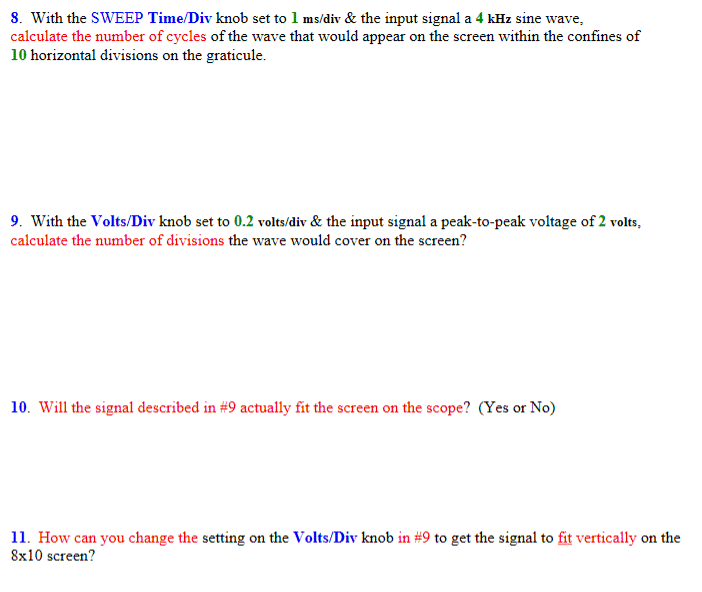 Solved 8. With the SWEEP Time/Div knob set to 1 ms/div& the | Chegg.com