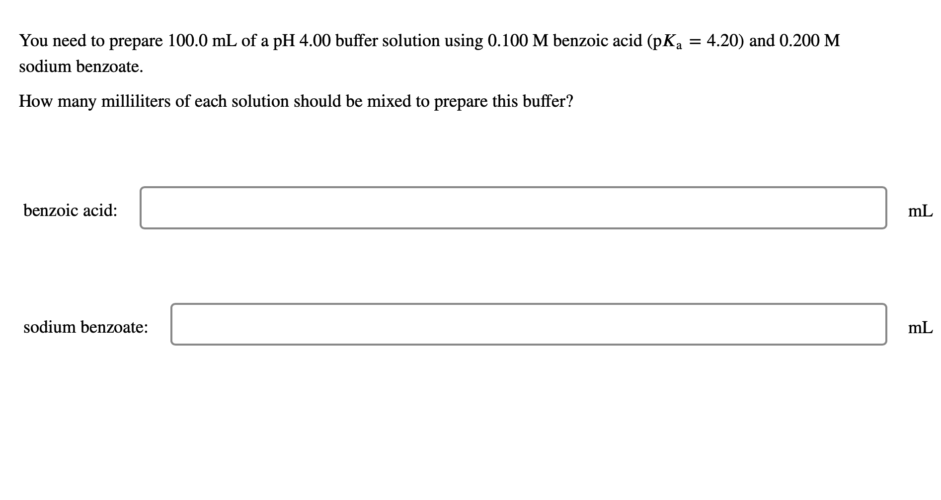 Solved You need to prepare 100.0mL ﻿of a pH4.00 ﻿buffer | Chegg.com