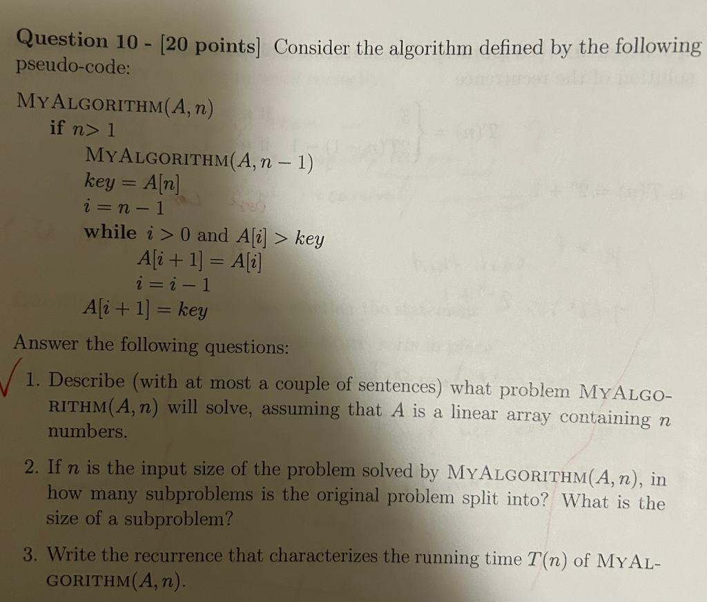 Solved Question 10−[20 points] Consider the algorithm | Chegg.com