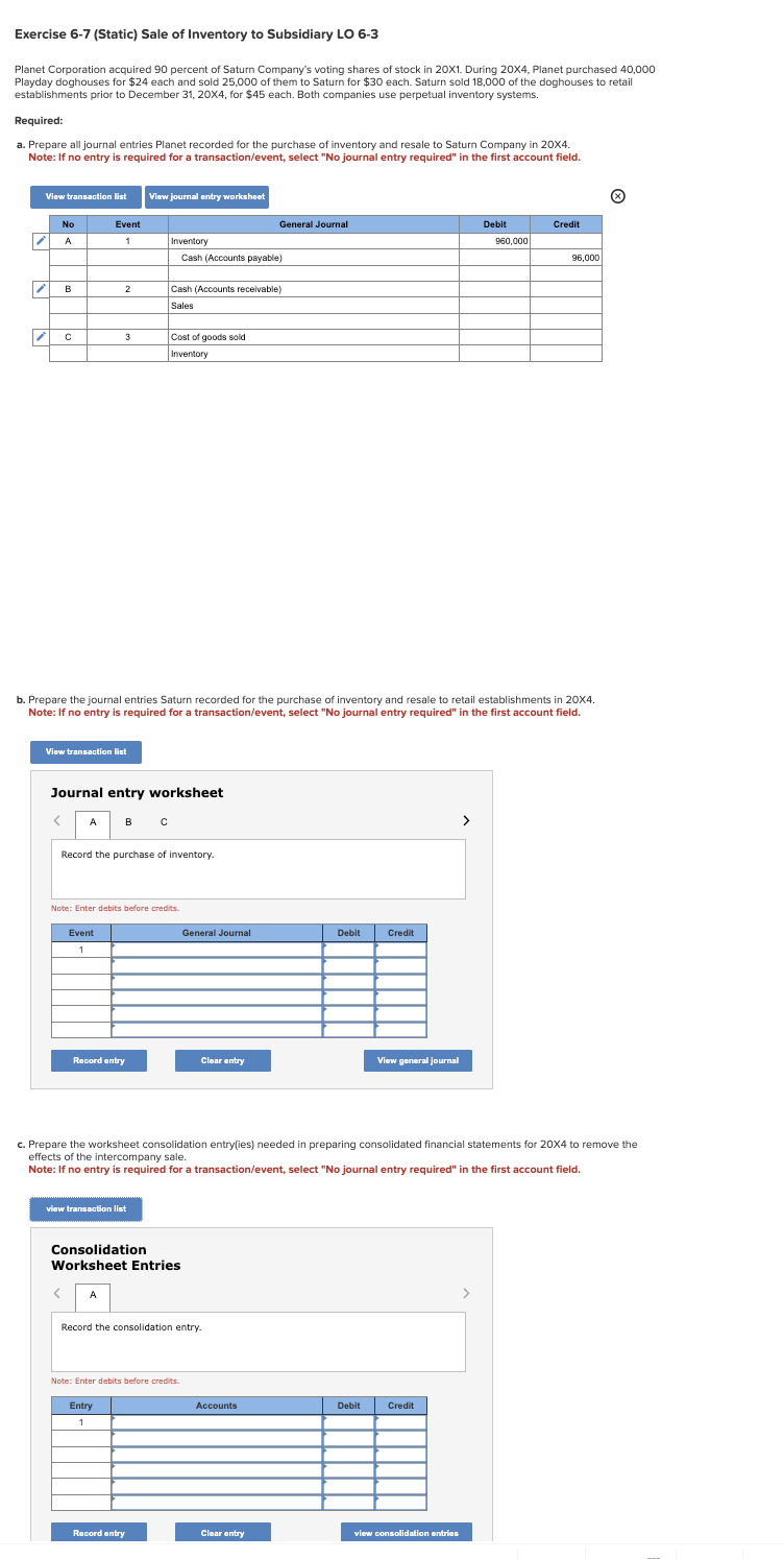 Solved Exercise 6-7 (Static) Sale of Inventory to Subsidiary | Chegg.com