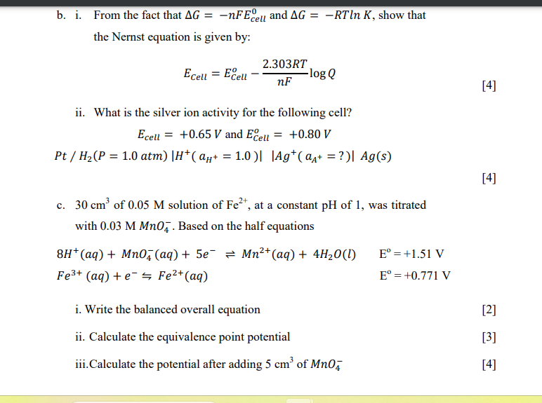 Solved b. i. From the fact that ΔG=−nFEcell 0 and ΔG=−RTlnK, | Chegg.com