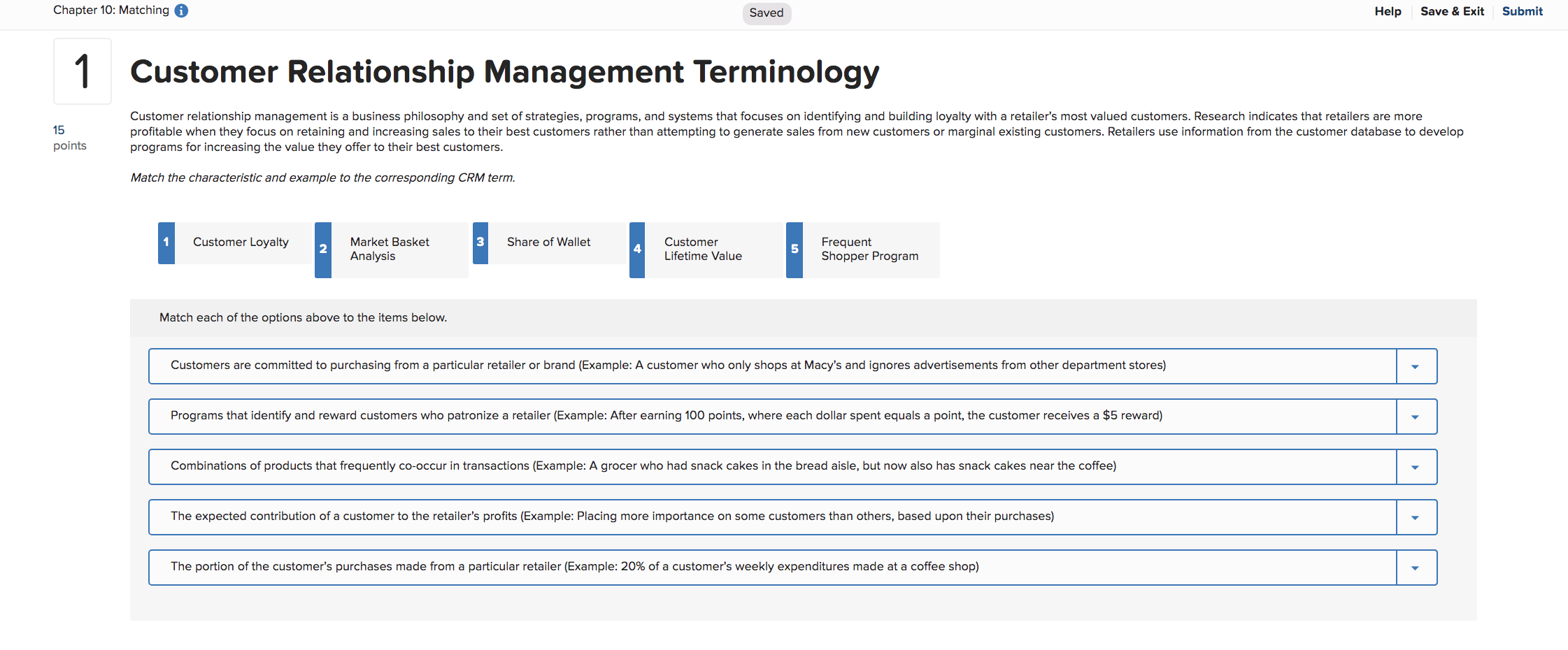 Solved Chapter 10: Matching i Saved Help Save & Exit Submit | Chegg.com