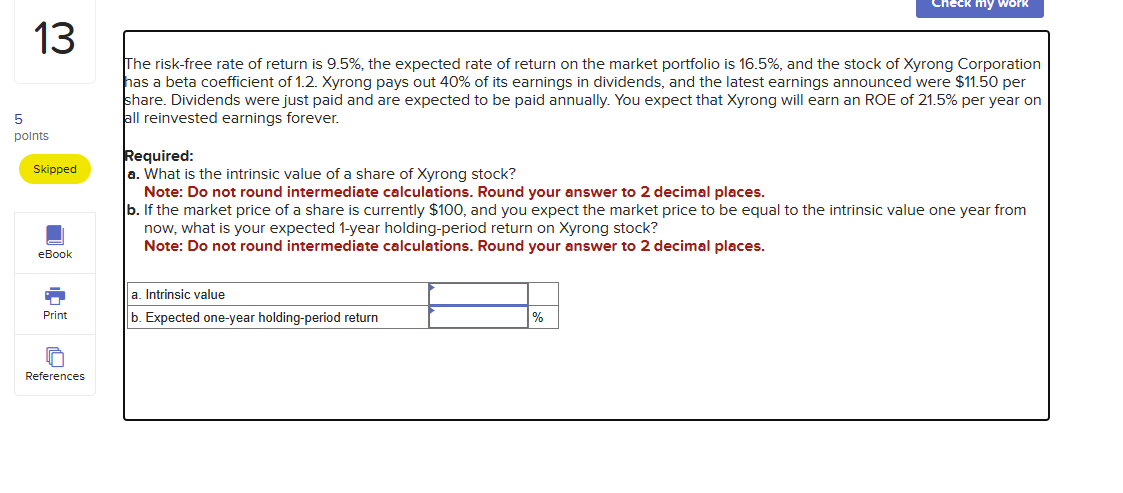 Solved The risk-free rate of return is 9.5%, the expected | Chegg.com