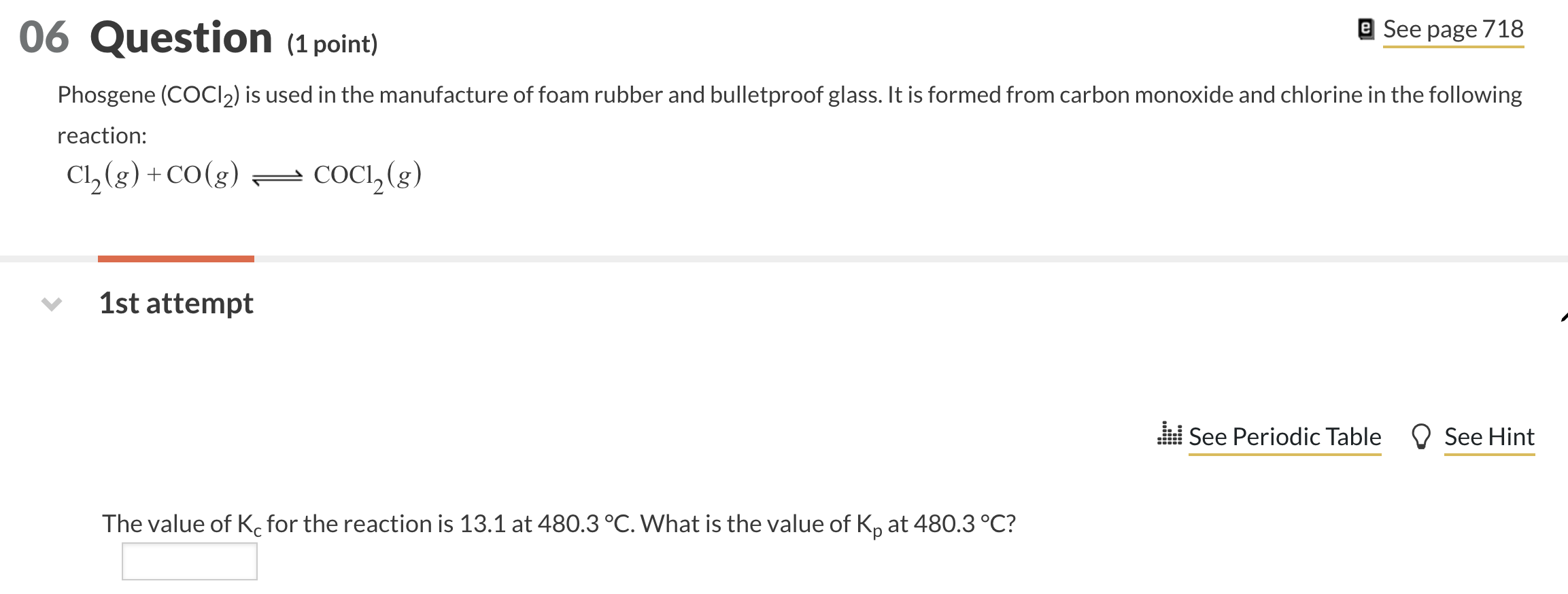 Solved 06 Question (1 point) e See page 718 Phosgene (COCl2) | Chegg.com