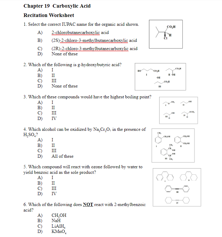 Solved CO,H Chapter 19 Carboxylic Acid Recitation Worksheet | Chegg.com
