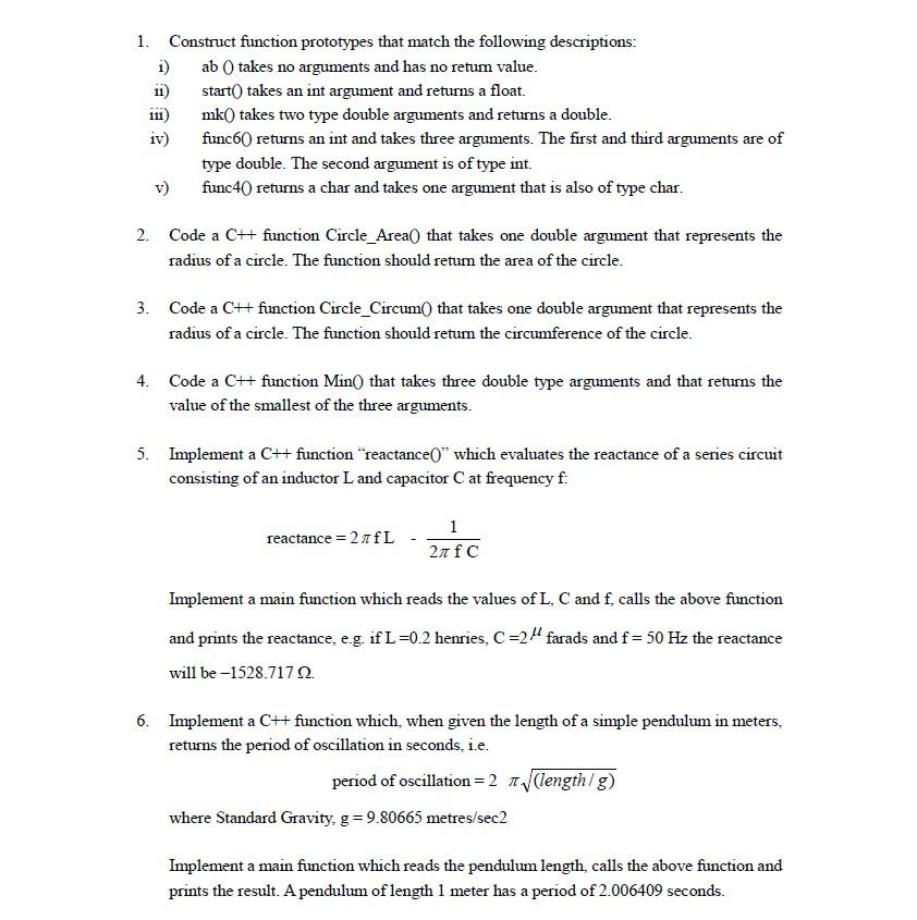 Solved 1. Construct function prototypes that match the | Chegg.com