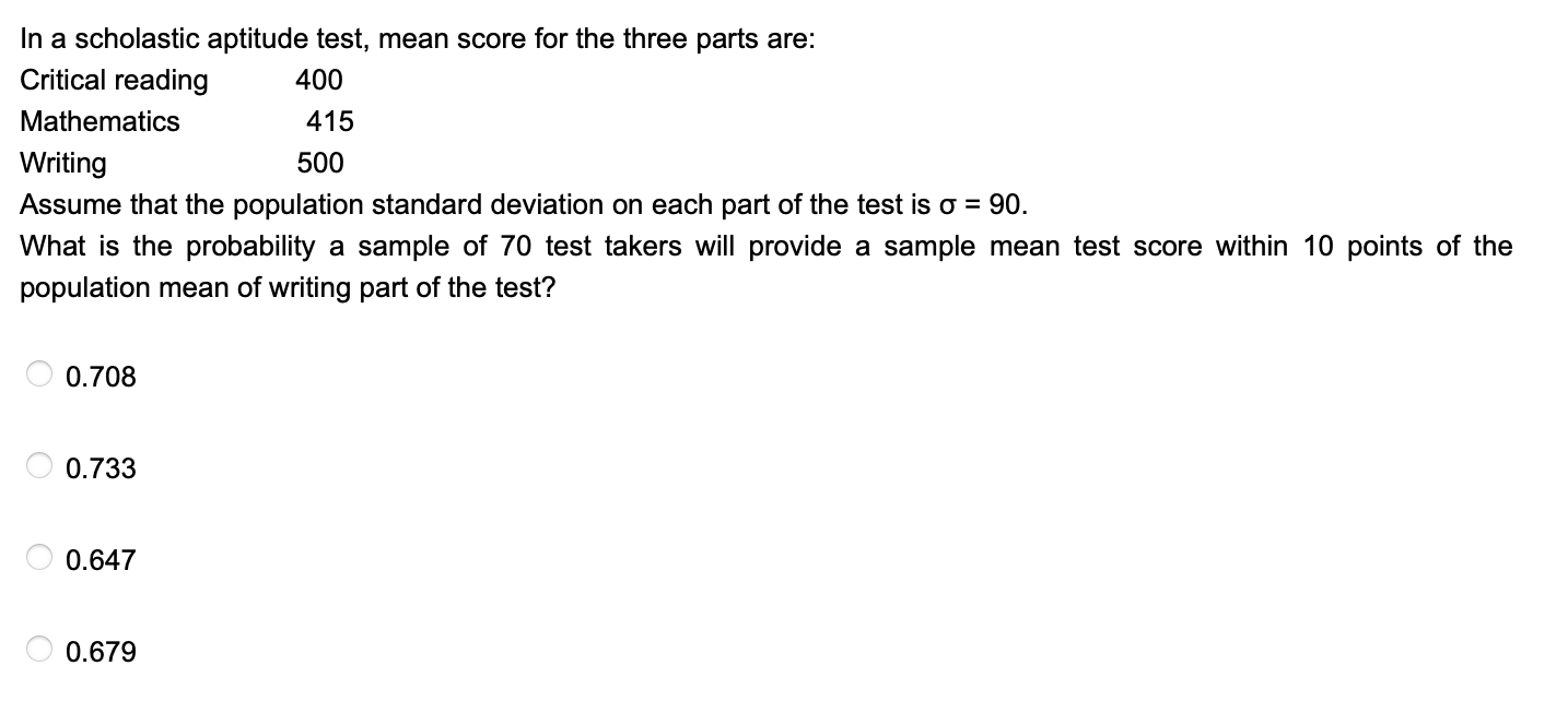 Solved In a scholastic aptitude test, mean score for the | Chegg.com
