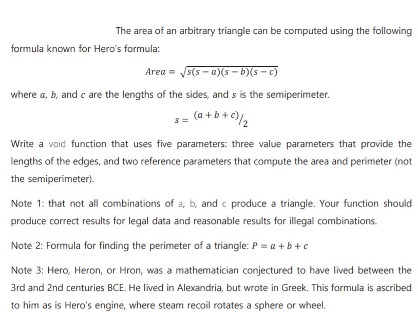 Solved The area of an arbitrary triangle can be computed | Chegg.com