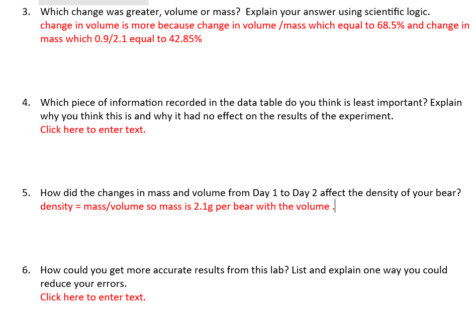 Solved Table 5: Density Gummy Bear Data Head to Arm to Front | Chegg.com