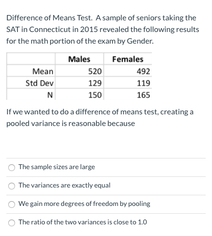 Solved Difference of Means Test. A sample of seniors taking | Chegg.com