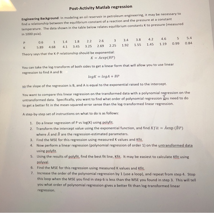 Solved Post-Activity Matlab regression Engineering | Chegg.com