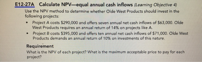 Solved E12-27A Calculate NPV-equal annual cash inflows | Chegg.com