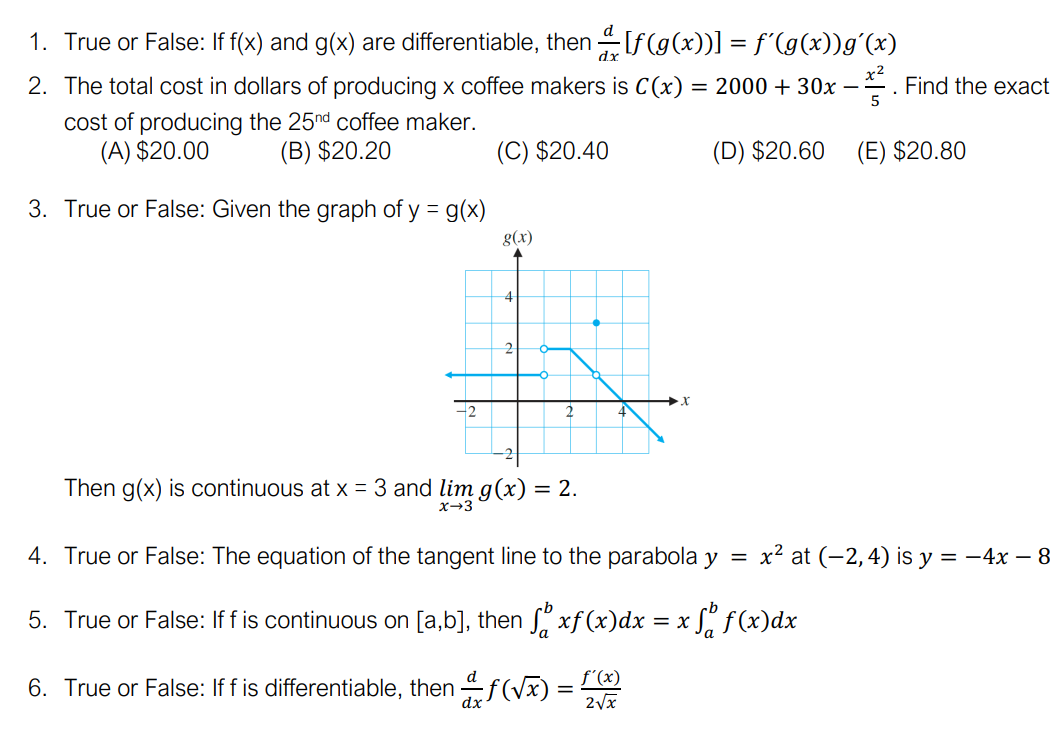 Solved True or False: If f(x) and g(x) are differentiable, | Chegg.com