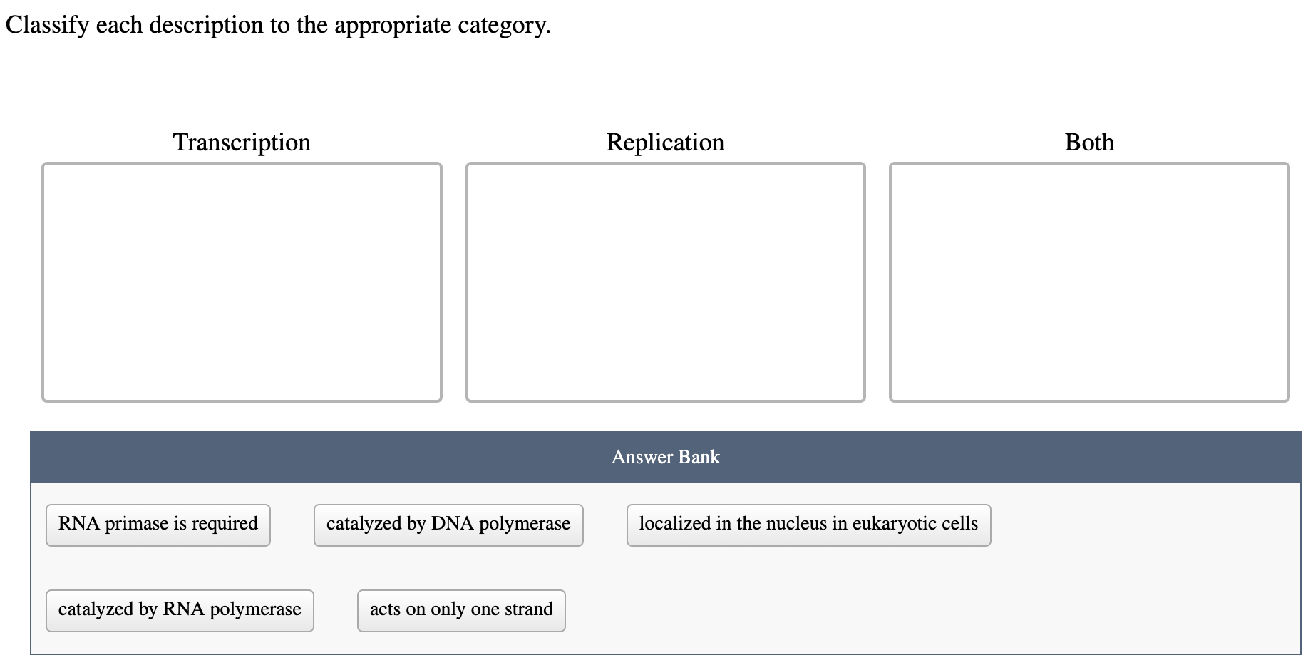 Solved Classify each description to the appropriate | Chegg.com