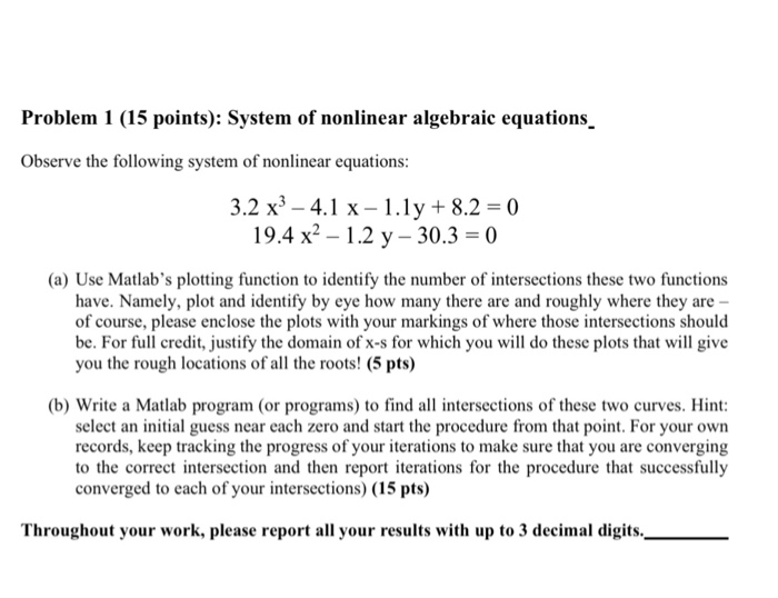 Solved Problem 1 (15 points): System of nonlinear algebraic | Chegg.com