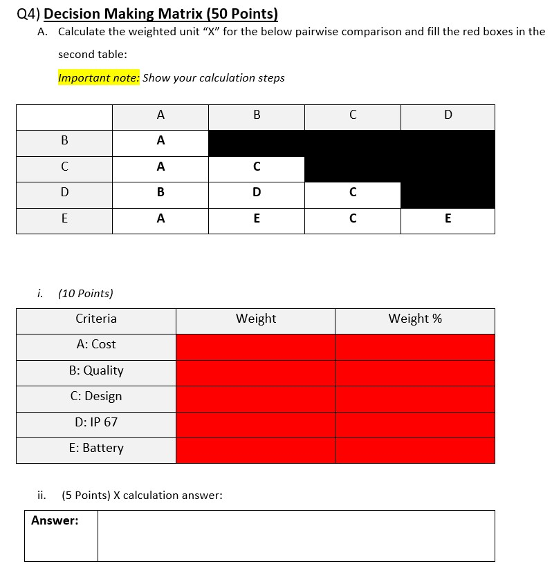 Solved Q4) Decision Making Matrix (50 Points) A. Calculate | Chegg.com