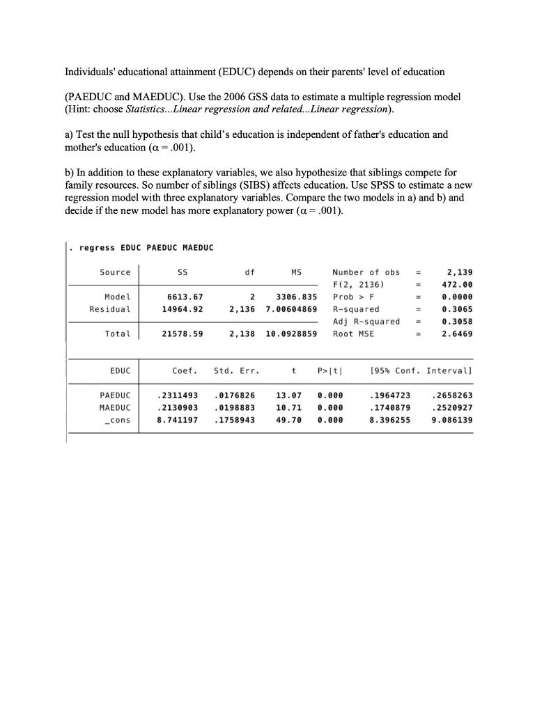 Solved Individuals' educational attainment (EDUC) depends on | Chegg.com