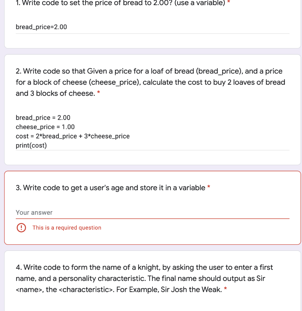 Solved 1. Write code to set the price of bread to 2.00? (use | Chegg.com