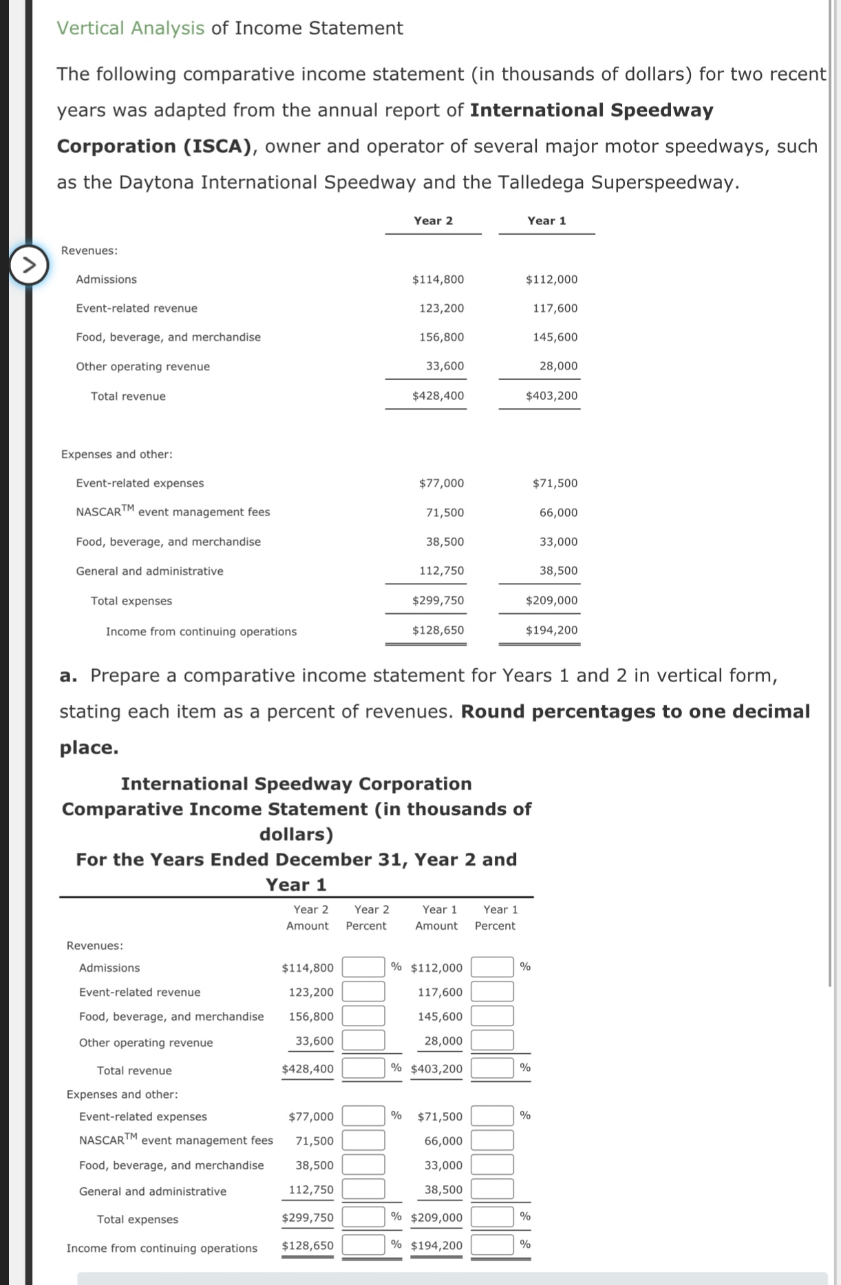 Solved Vertical Analysis of Income Statement The following | Chegg.com