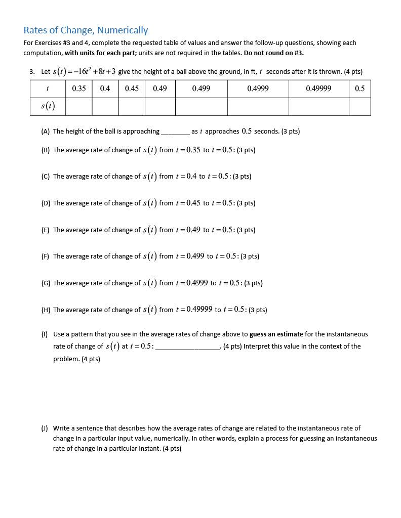 Solved Rates of Change, Numerically For Exercises #3 and 4, | Chegg.com