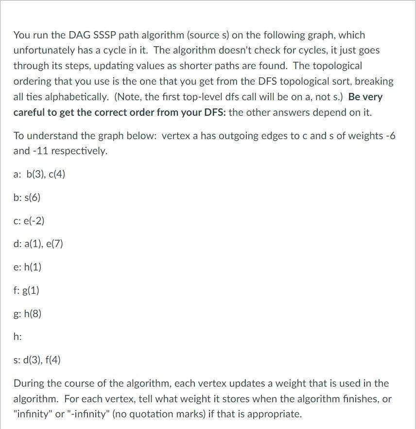You run the DAG SSSP path algorithm (source s) on the | Chegg.com