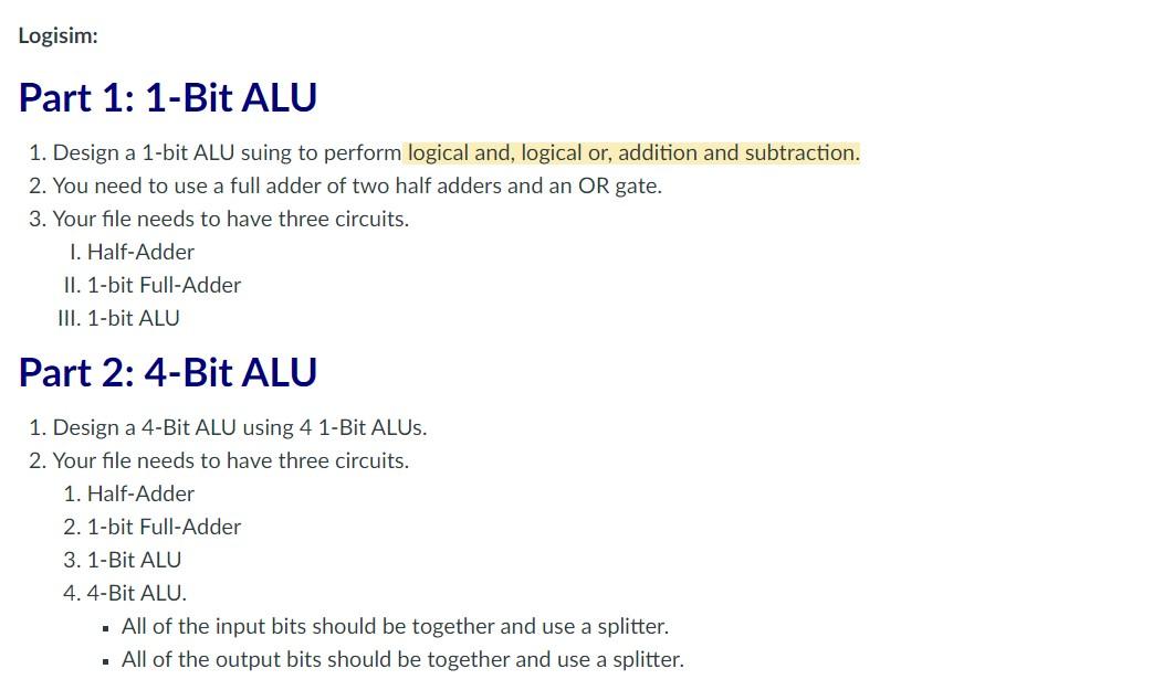 Solved 1. Design a 1-bit ALU suing to perform logical and, | Chegg.com