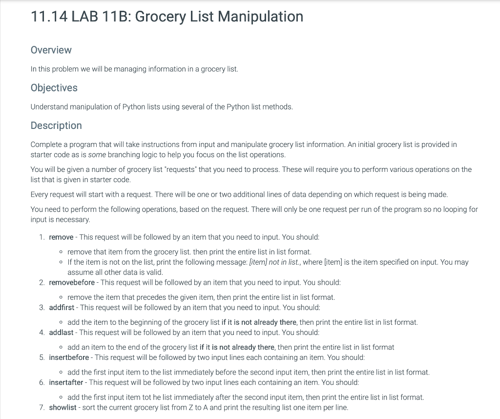 Solved LAB ACTIVITY 11.14.1: LAB 11B: Grocery List | Chegg.com