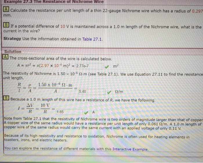 Solved Example 27.3 The Resistance of Nichrome Wire | Chegg.com
