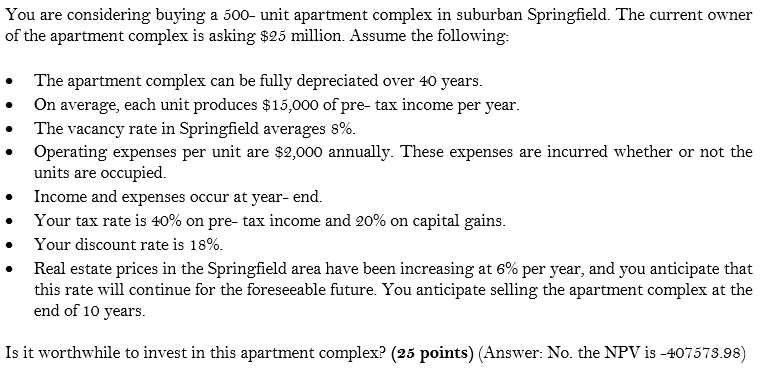 You are considering buying a 500- unit apartment | Chegg.com