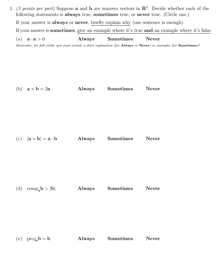 Solved 1. (3 points per part) Suppose a and b are nonzero | Chegg.com