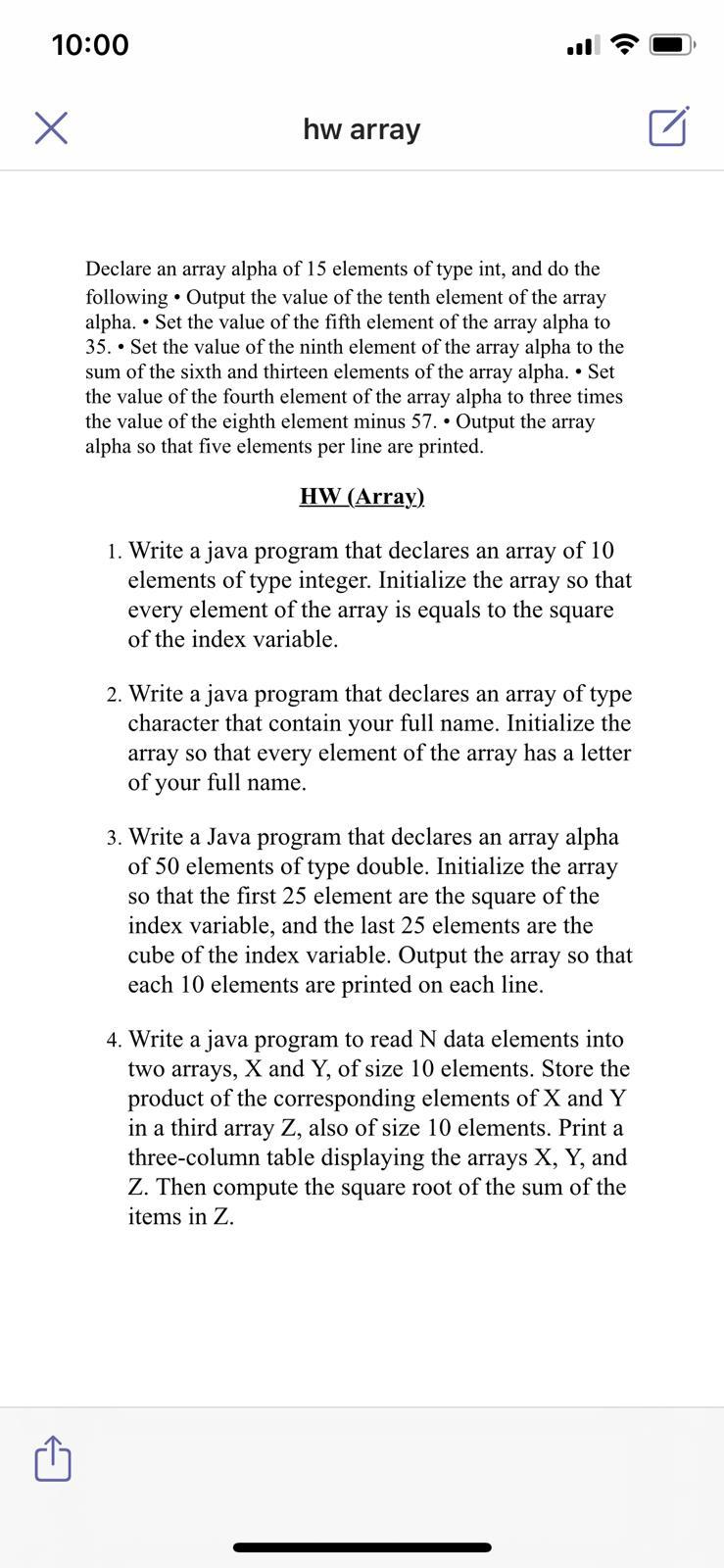 Solved 10:00 Х hw array Declare an array alpha of 15 | Chegg.com