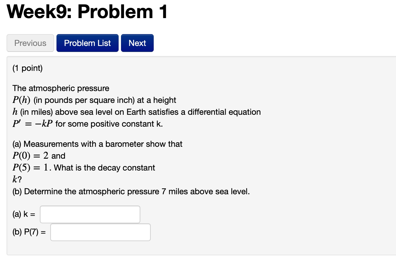 Solved Week9: Problem 1 Previous Problem List Next (1 point) | Chegg.com