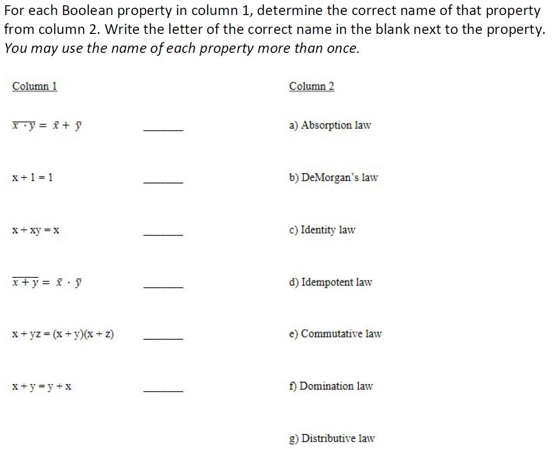 Solved For each Boolean property in column 1, determine the | Chegg.com