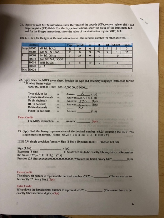 21. (8pt) For each MIPS instruction, show the value | Chegg.com