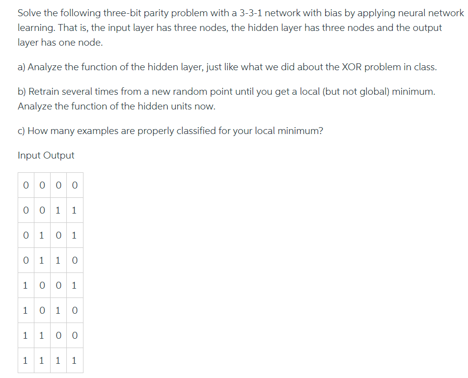 Solved Solve The Following Three Bit Parity Problem With A