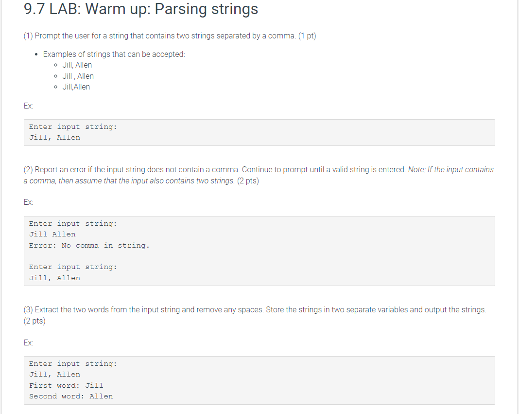 Solved 9.7 LAB: Warm up: Parsing strings (1) Prompt the user | Chegg.com