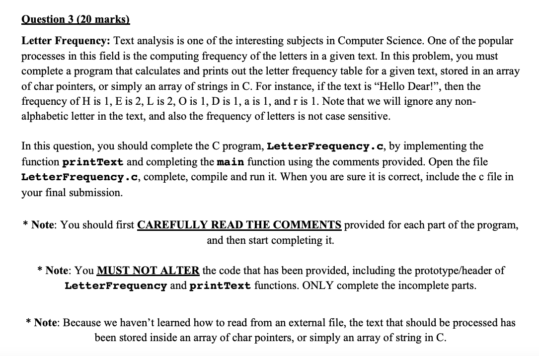 Solved Question 3 (20 marks) Letter Frequency: Text analysis | Chegg.com