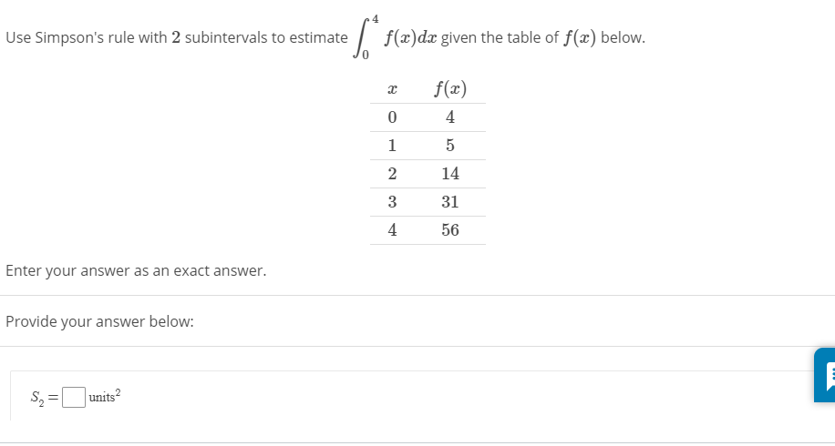 Solved Use Simpson's rule with 2 subintervals to estimate * | Chegg.com