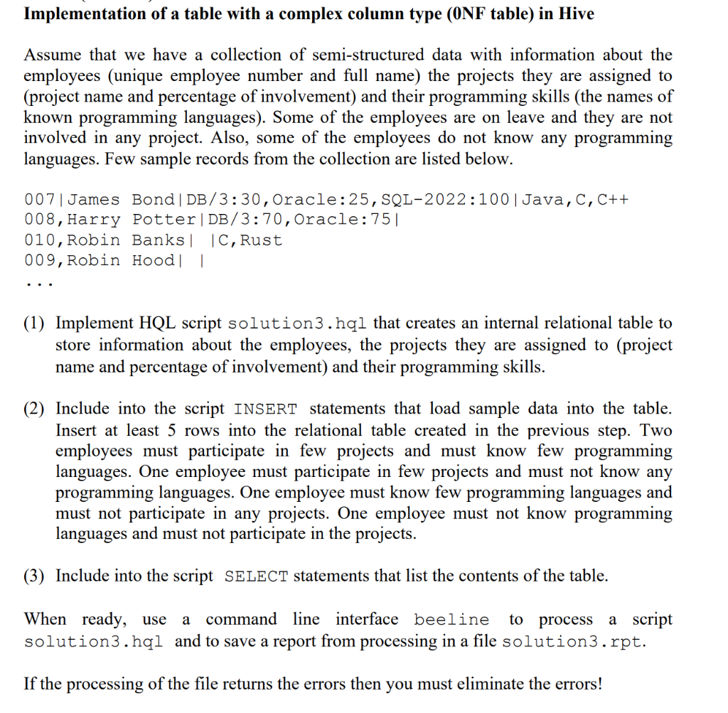 Solved Implementation of a table with a complex column type | Chegg.com