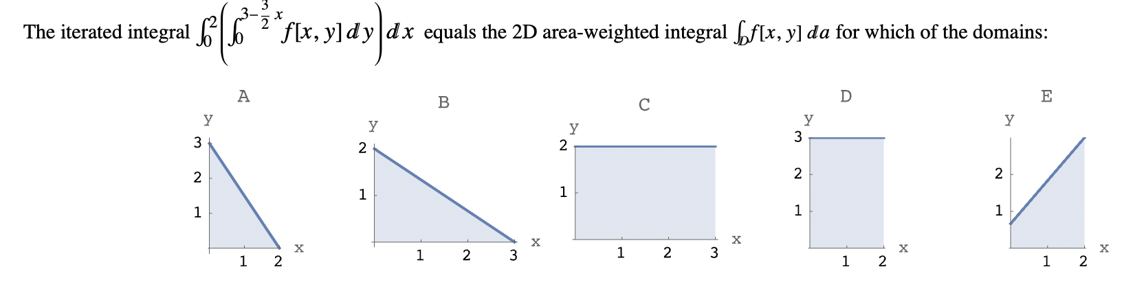 Solved The iterated integral ∫02(∫03−23xf[x,y]dy)dx equals | Chegg.com