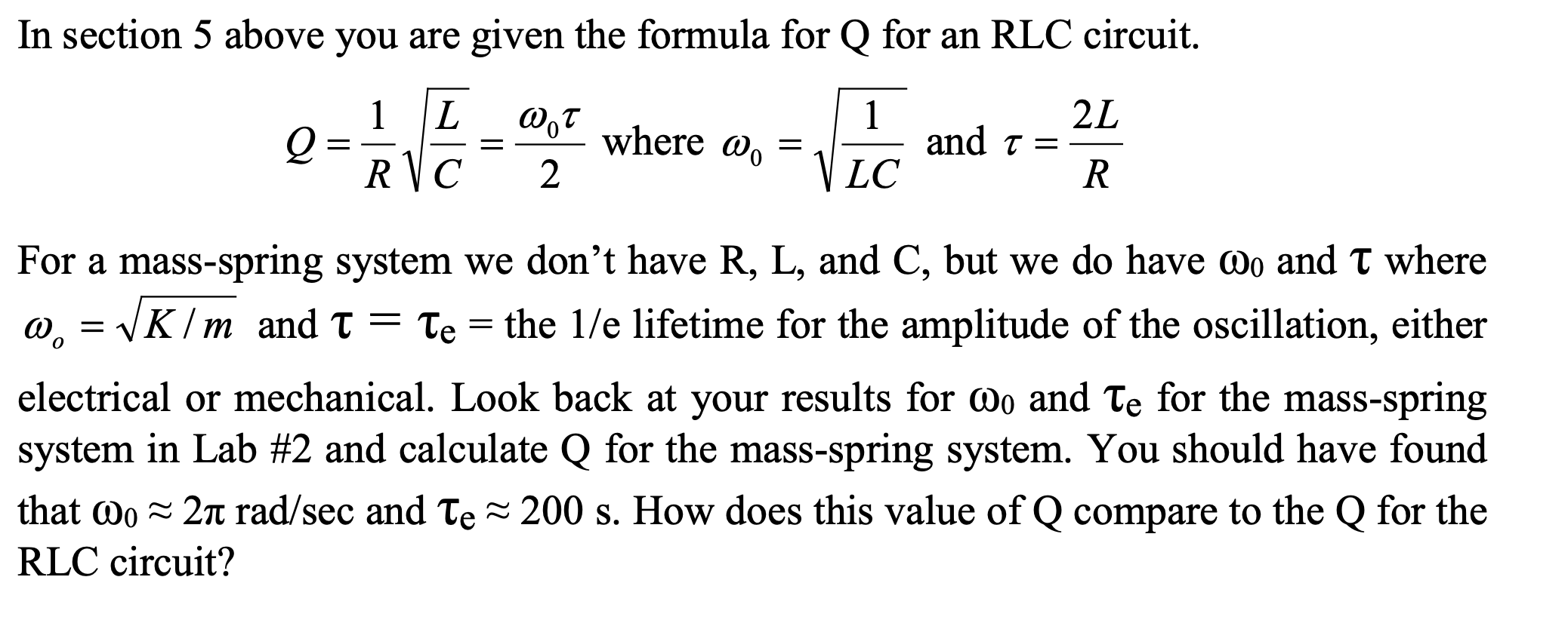 Solved In section 5 above you are given the formula for Q | Chegg.com