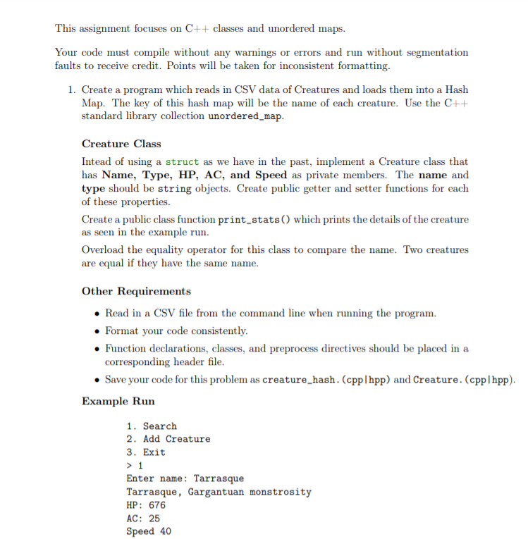 Solved This assignment focuses on C++ classes and unordered | Chegg.com