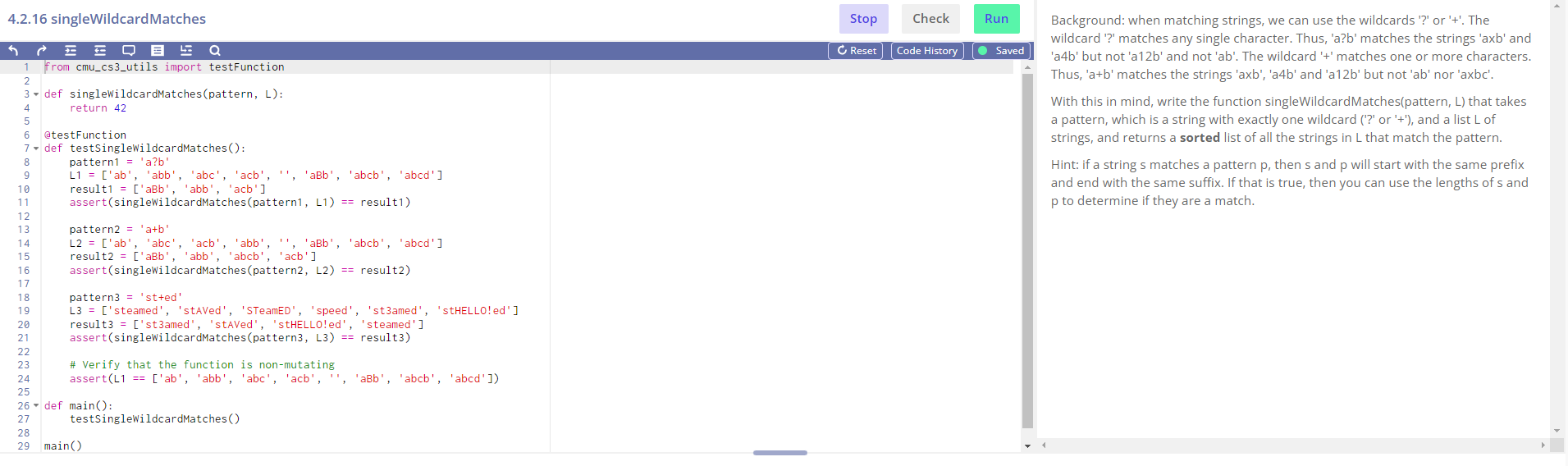 Solved 4.2.16 singleWildcardMatches Background: when | Chegg.com